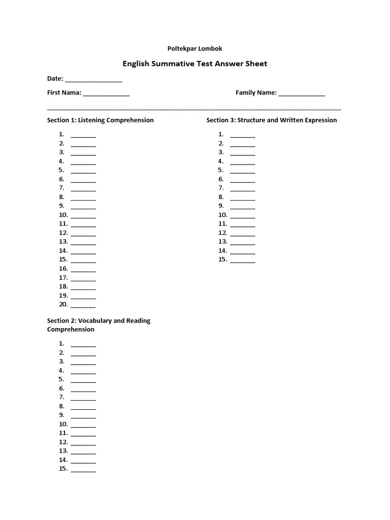English Summative Test Answer Sheet | PDF
