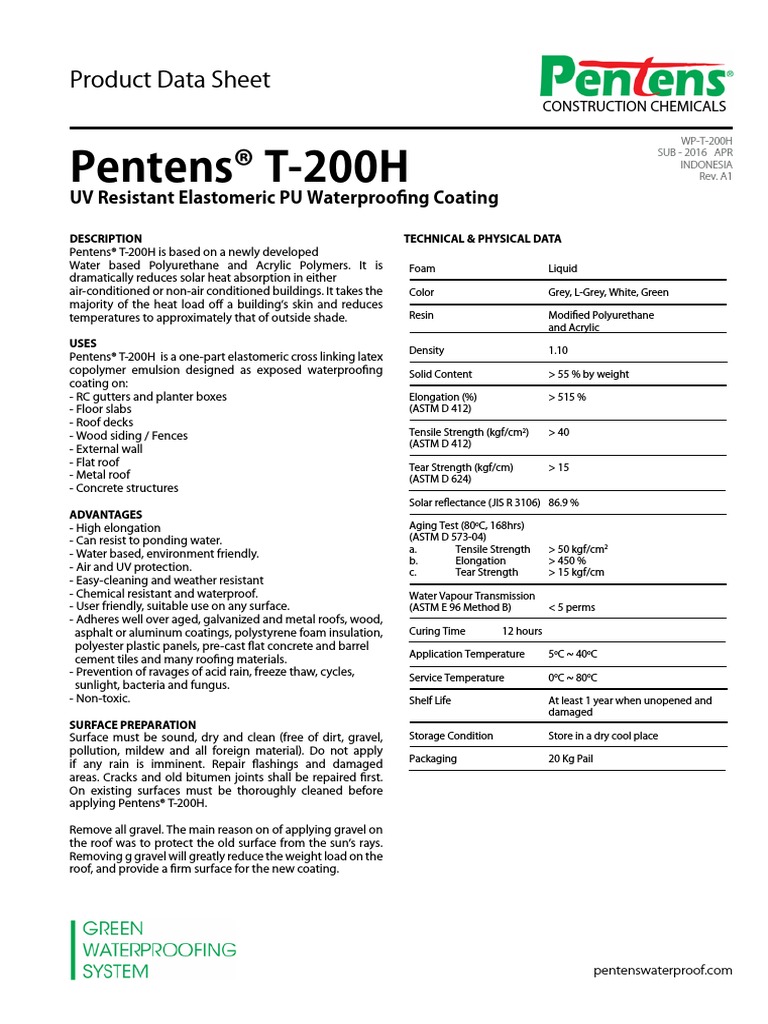 Pentens® T-200H: Product Data Sheet | PDF | Roof | Polyurethane