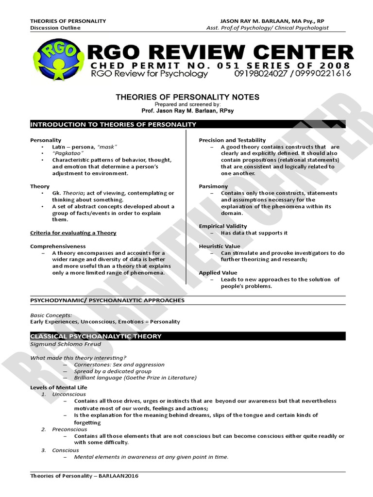 Theories of Personality NOTES | PDF | Reinforcement | Id