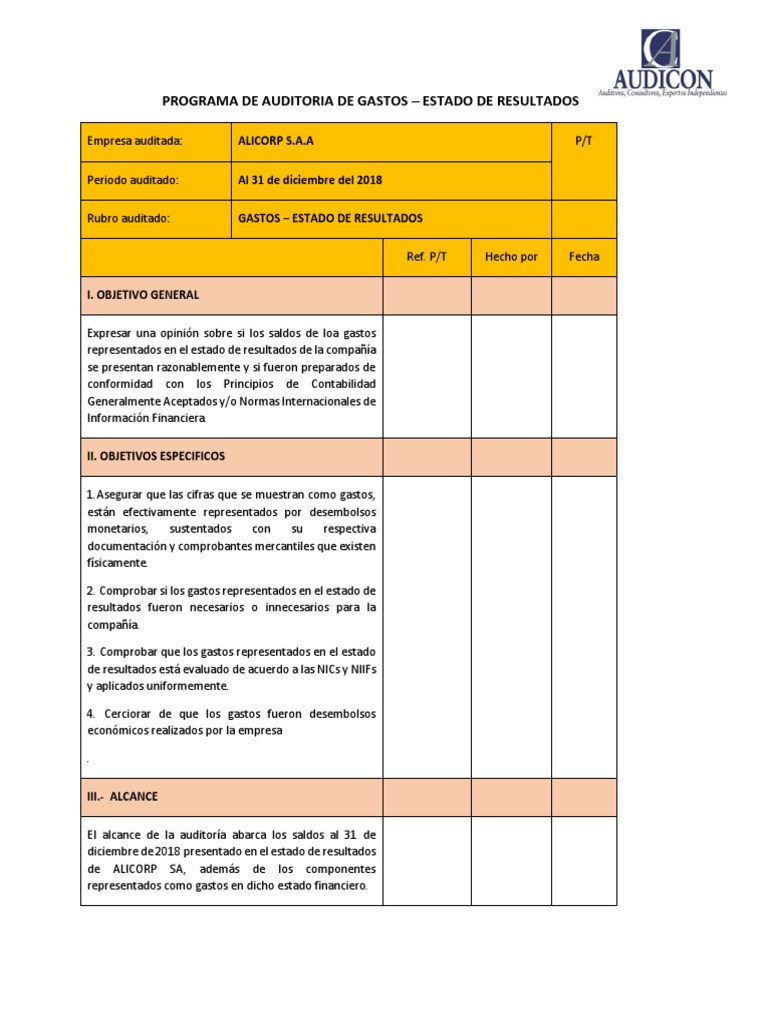 Programa de Gastos-Resultados | PDF | Auditoría | Estado de resultados