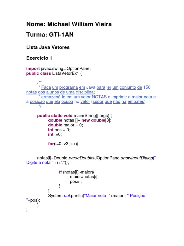 Lista Java Vetor | PDF | Estrutura de dados de matriz | Java (linguagem ...