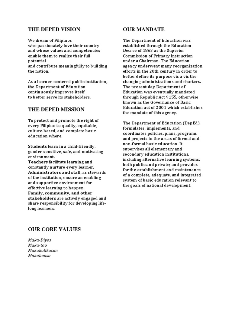 The Deped Vision Our Mandate: Students Learn in A Child-Friendly | PDF ...