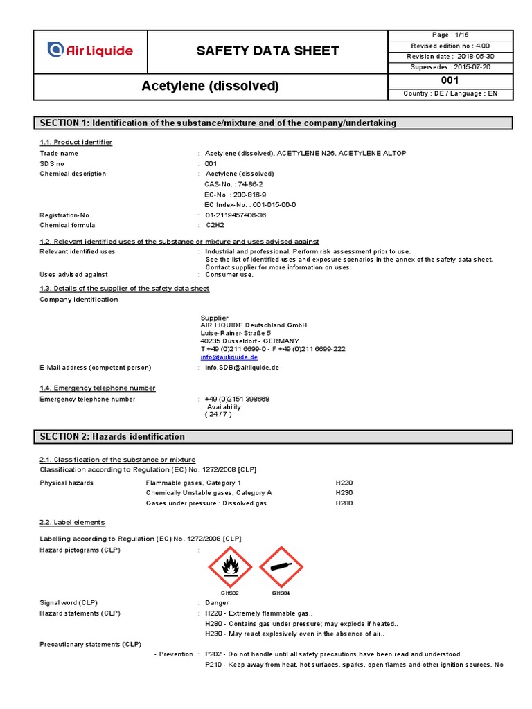 Safety Data Sheet Acetylene (Dissolved) | PDF | Dangerous Goods | Toxicity