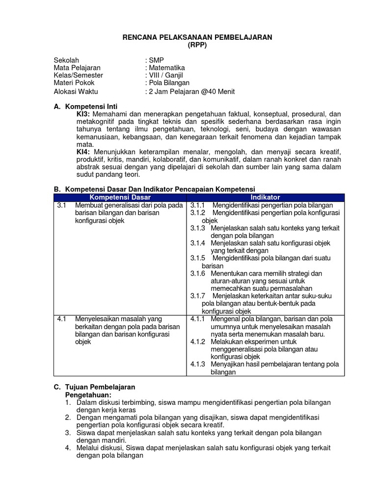 Rencana Pelaksanaan Pembelajaran Pola Bilangan 1 Pertemuan | PDF