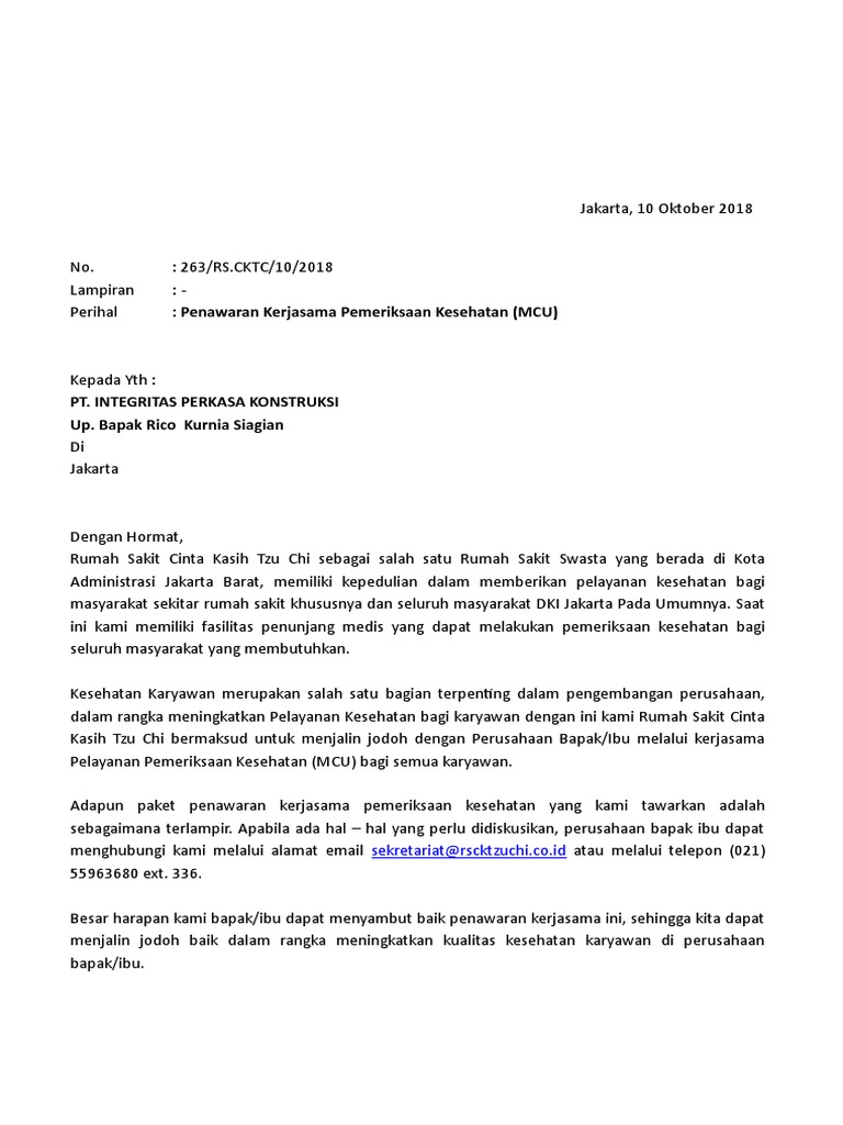 Draft Surat Penawaran Kerjasama MCU | PDF