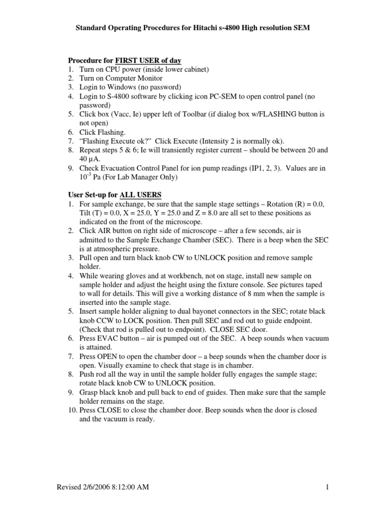 P R o C e D U R e F o R First User of Day: Standard Operating ...