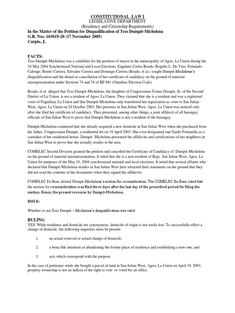 Tess Dumpit-Michelena's Candidacy Disqualified | PDF | Domicile (Law ...