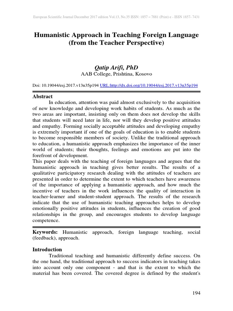 Humanistic Approach in Teaching Foreign Language (From The Teacher ...