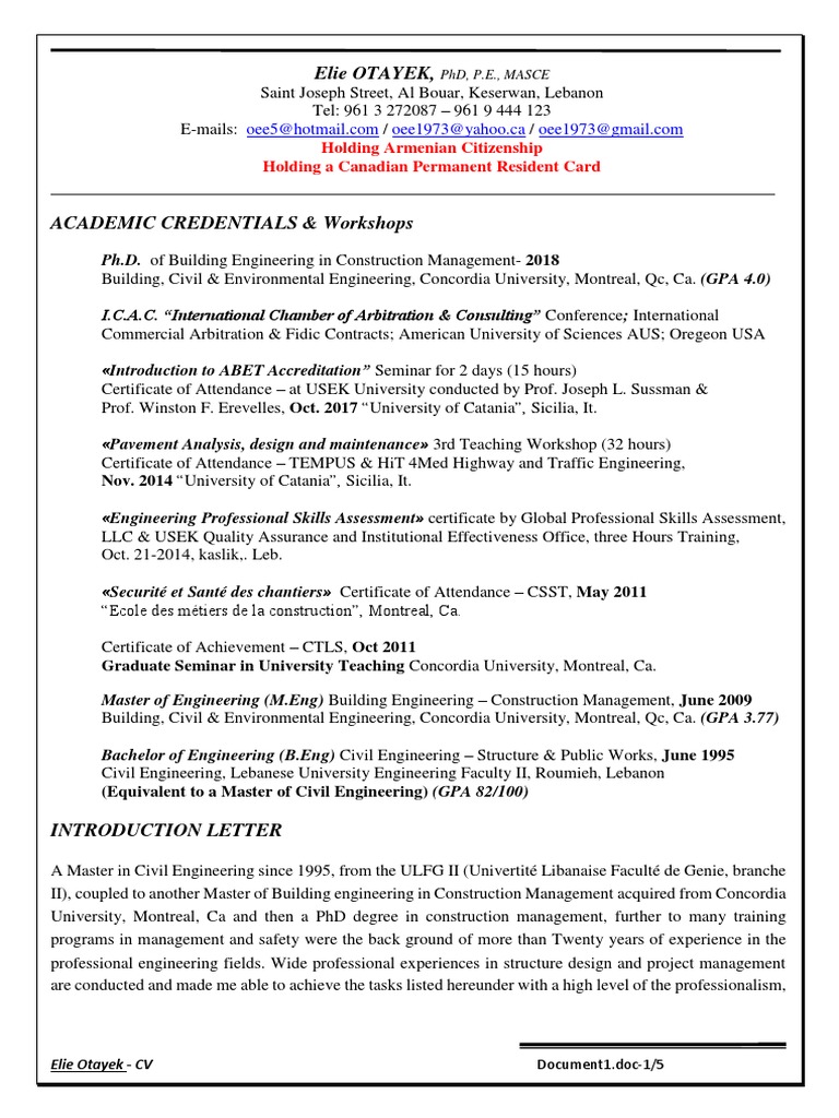 Elie Otayek's Professional CV Summary | PDF | Construction Management ...