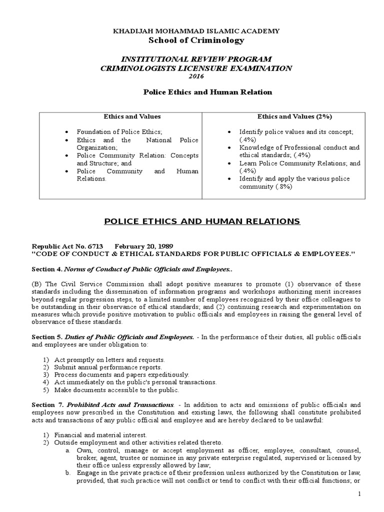 LEC 2014 - Review Notes in Pol. Ethics & PCR | PDF | Police | Police ...
