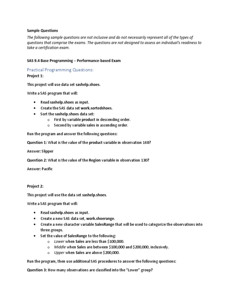 Sample Sas Questions | PDF | Sas (Software) | Software Engineering