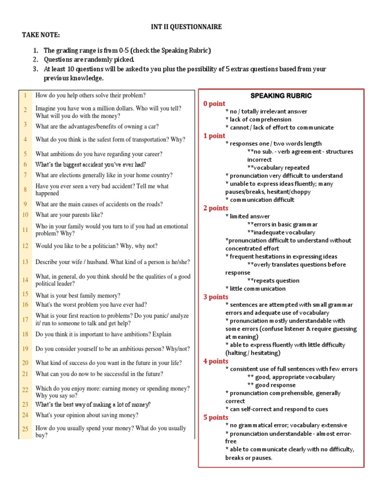 Int Ii Questionnaire Take Note:: 0 Point | PDF | Vocabulary | Communication