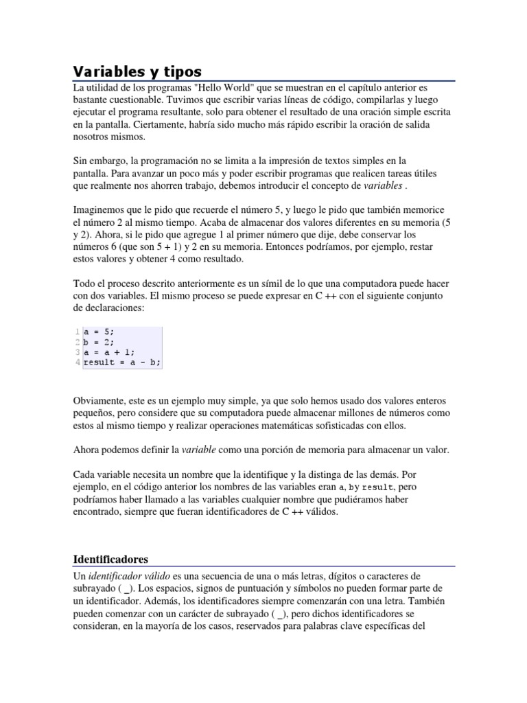 Variables y Tipos | PDF | Poco | C (lenguaje de programación)