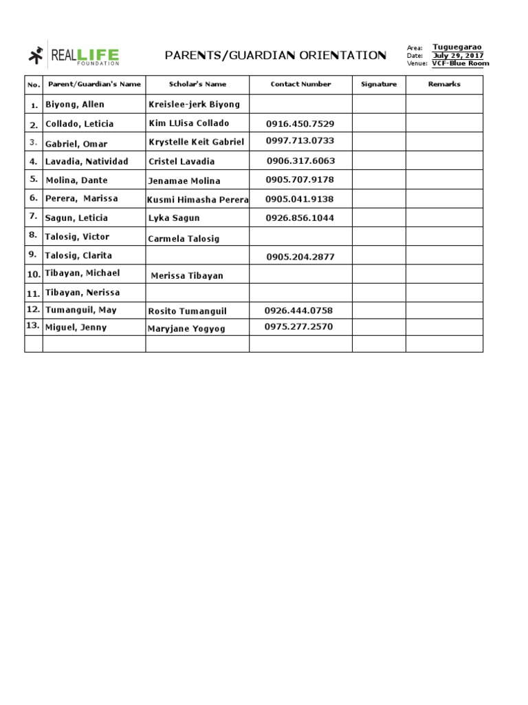 2017 Attendance Sheet - Parents Orientation | PDF