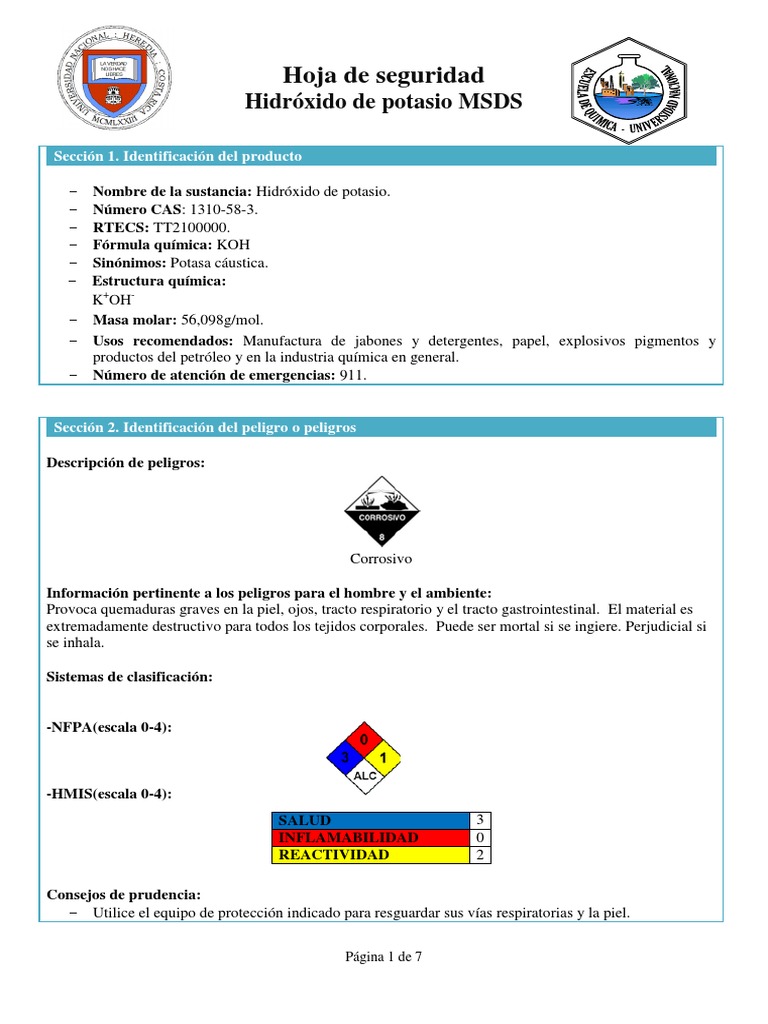 Hoja de Seguridad: Hidróxido de Potasio MSDS | PDF | Oxígeno | Residuos