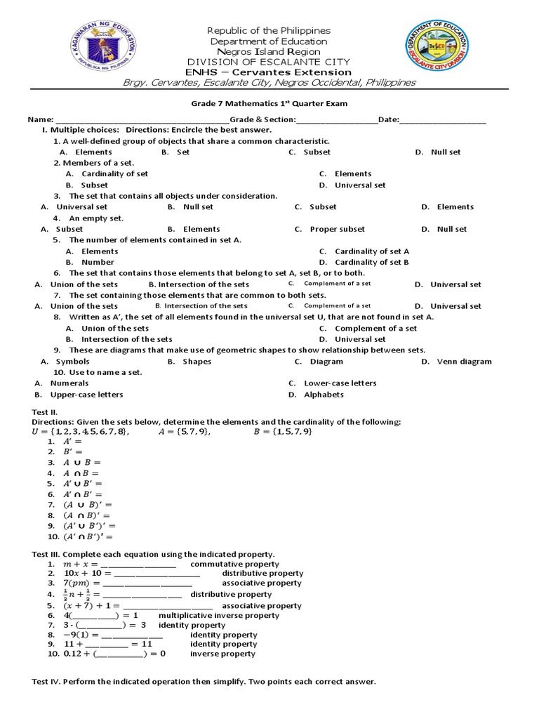 Gade 7 Mathematics 1st Quarter Exam | PDF | Set (Mathematics ...