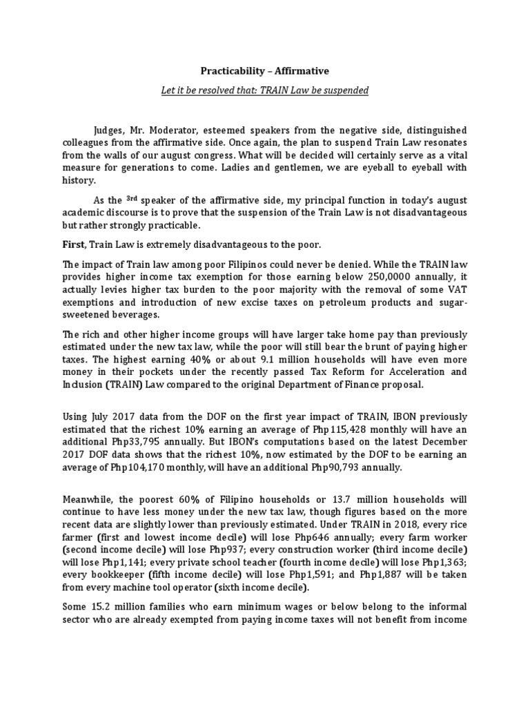 Practicability - Affirmative: Let It Be Resolved That: TRAIN Law Be ...