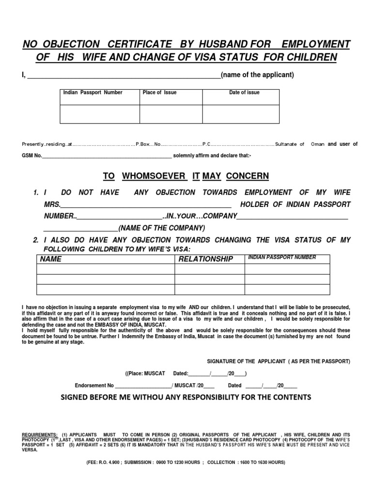 No Objection Certificate For Wife - A Sample Letter For Embassy | PDF ...