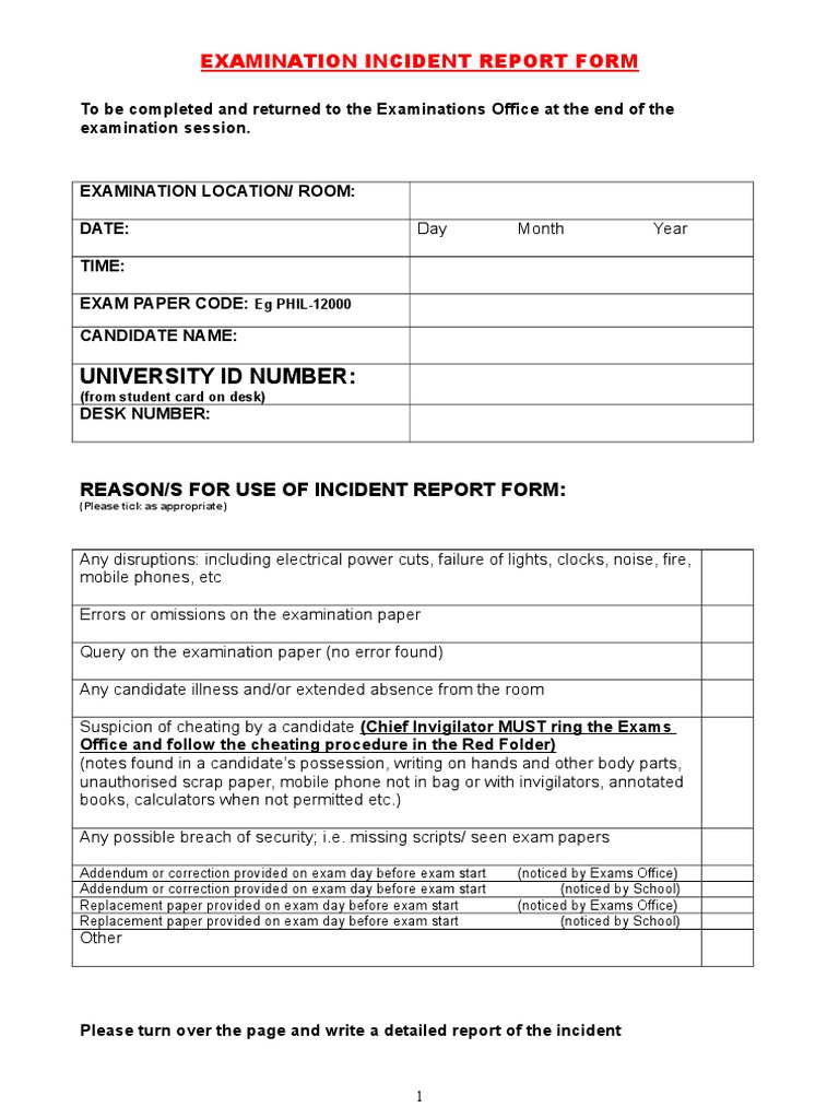 University Id Number:: Examination Incident Report Form | PDF