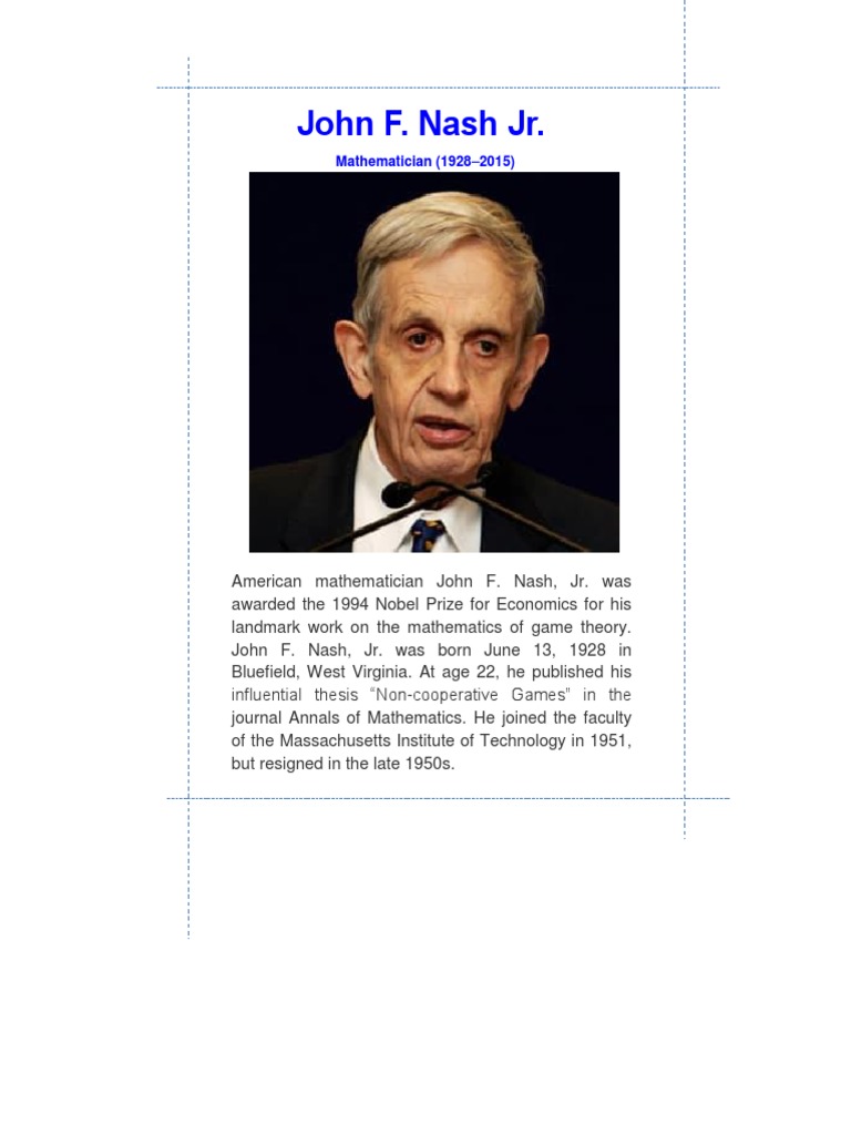 John F. Nash JR.: Mathematician (1928 - 2015) | PDF