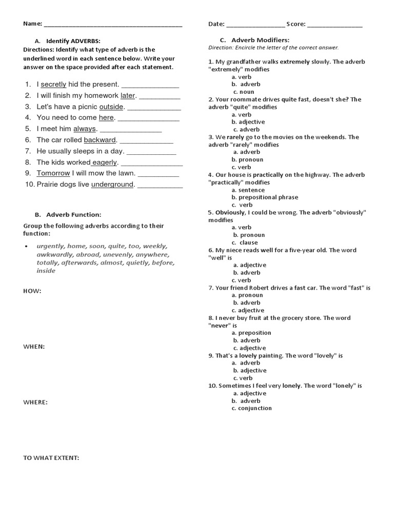 Grade 9-Quiz On Adverb | PDF | Adverb | Verb