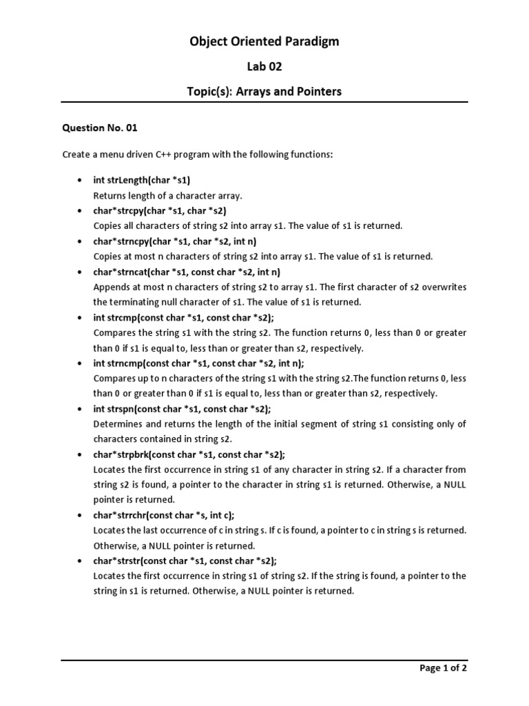 Object Oriented Paradigm: Lab 02 Topic(s) : Arrays and Pointers ...