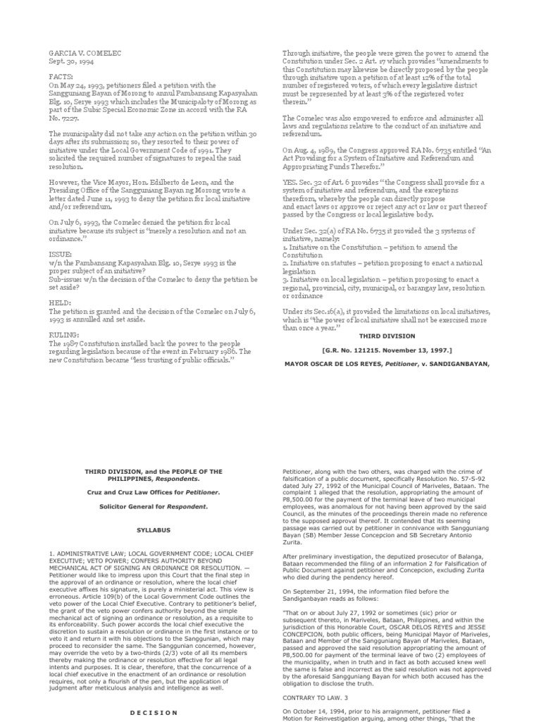 Third Division (G.R. No. 121215. November 13, 1997.) Mayor Oscar de Los ...