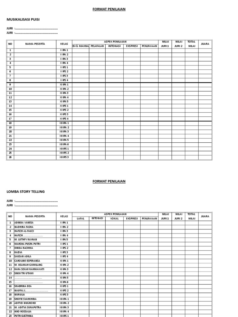Form Penilaian Juri Lomba Bahasa | PDF