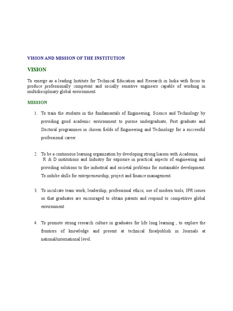 Vision and Mission of The Institution | PDF | Engineering | Intelligence