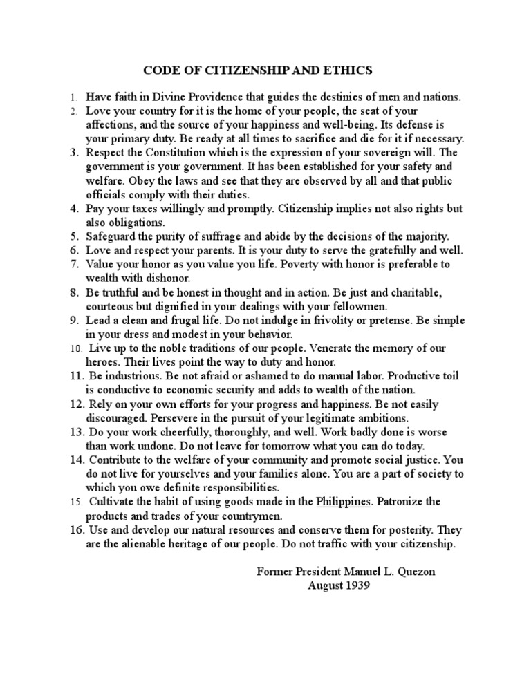 Quezon's Code of Citizenship and Ethics | PDF