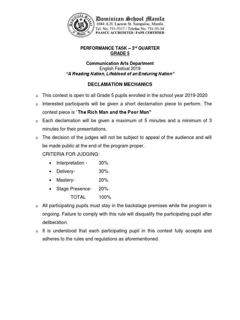 Grade 5 Declamation Contest Mechanics | PDF