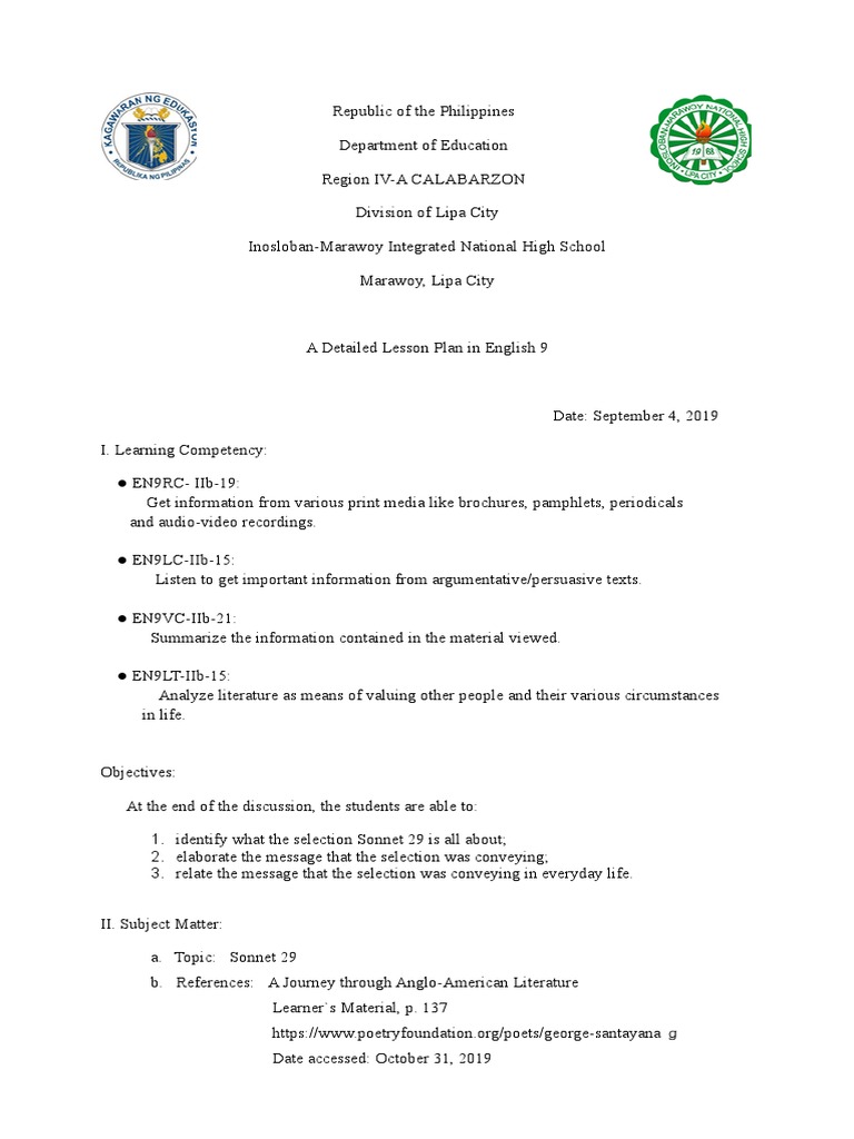 Lesson Plan | PDF | Poetry | Sonnets