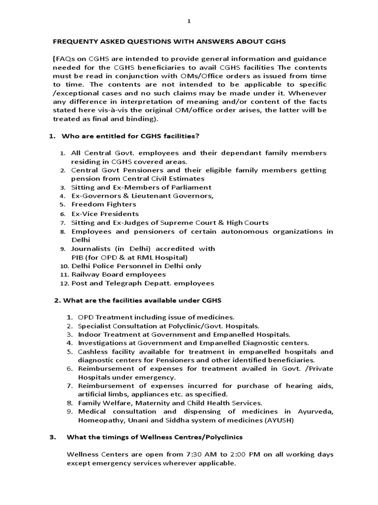 CGHS FAQs: Eligibility, Facilities, and Guidelines | PDF | Medical Prescription | Physician