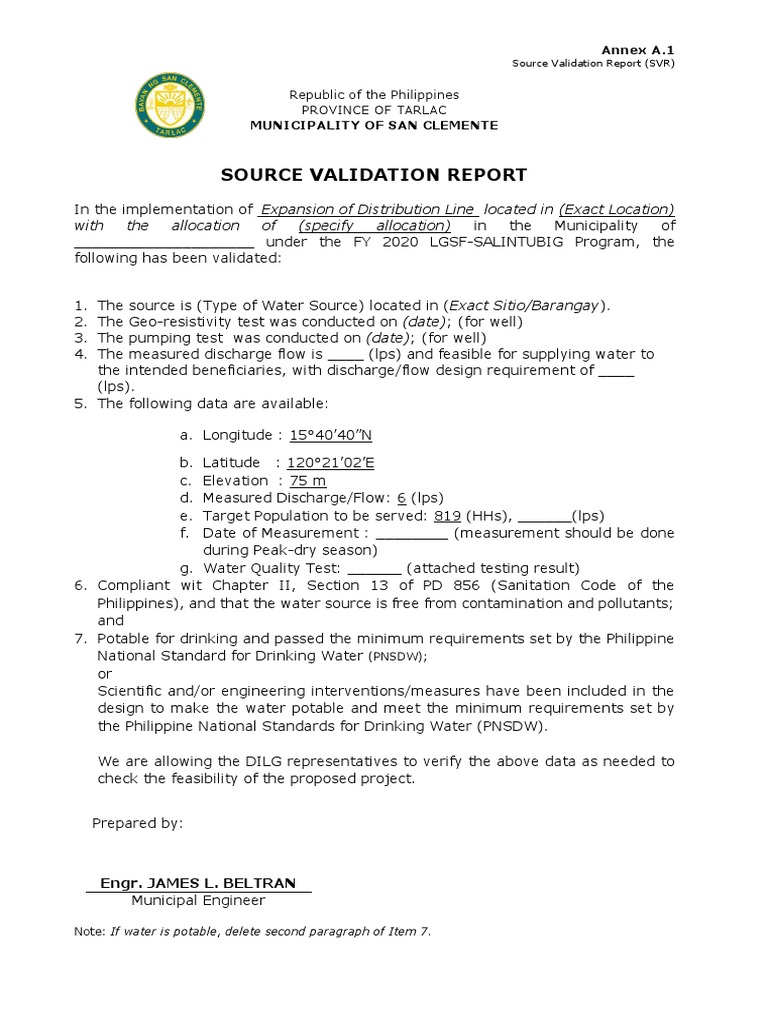 Annex A.1 - Water Source Validation Form For Potable Water Supply ...
