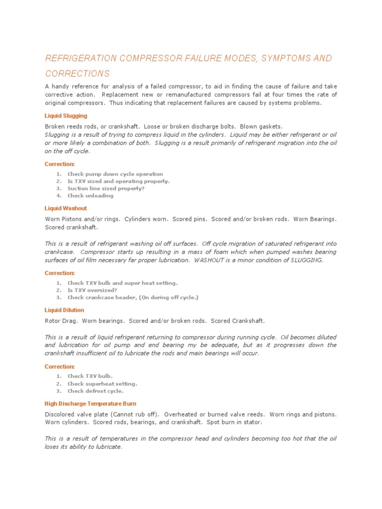 Refrigeration Compressor Failure Modes, Symptoms and Corrections | PDF ...