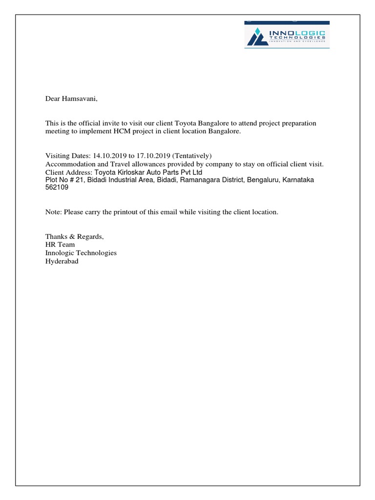 Bangalore - Client Visit Invitation | PDF