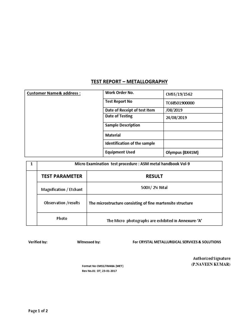 Metallography Test Report Summary | PDF