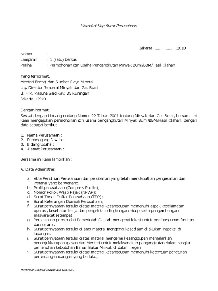 Surat Permohonan Izin Usaha Pengangkutan Esdm | PDF