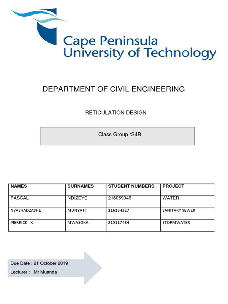 Department of Civil Engineering: Reticulation Design | PDF | Sanitary ...