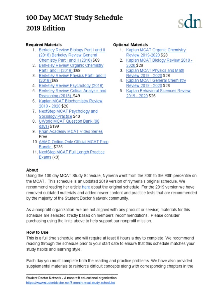 100 Day MCAT Schedule 2019 Edition | PDF | Medical College Admission ...