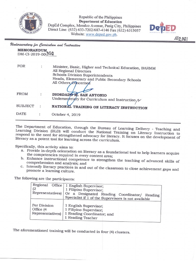 Memo National Training On Literacy | PDF