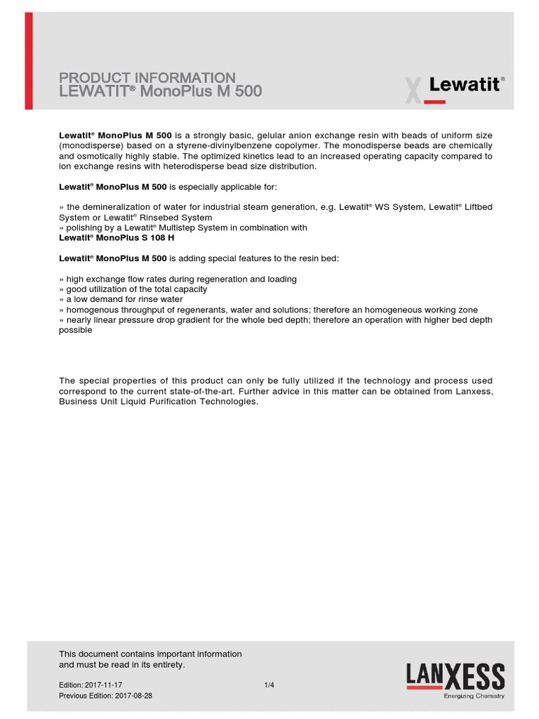 LEWATIT® MonoPlus M 500 | PDF | Ion Exchange | Water