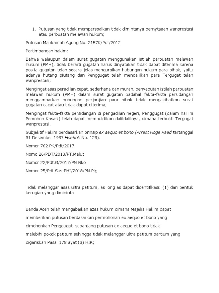 Putusan Yang Tidak Mempersoalkan Tidak Dimintanya Pernytaaan Wanprestasi Atau Perbuatan Melawan ...