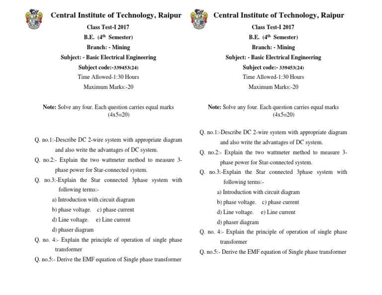 BEE Question Paper Format | PDF | Direct Current | Transformer