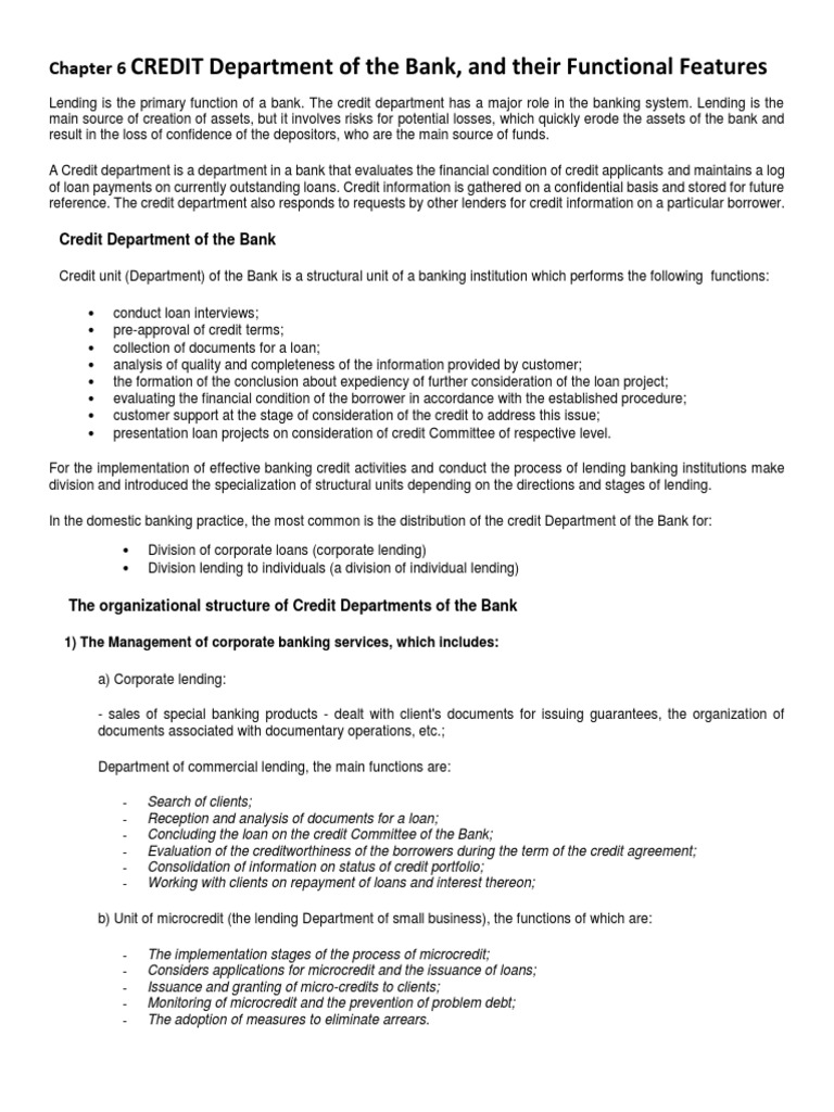 Functions of Bank Credit Departments | PDF | Credit History | Loans