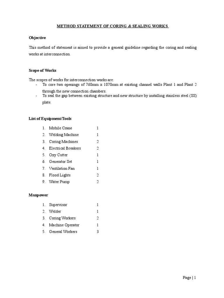 Coring & Sealing Method Statement | PDF | Concrete | Mechanical Engineering