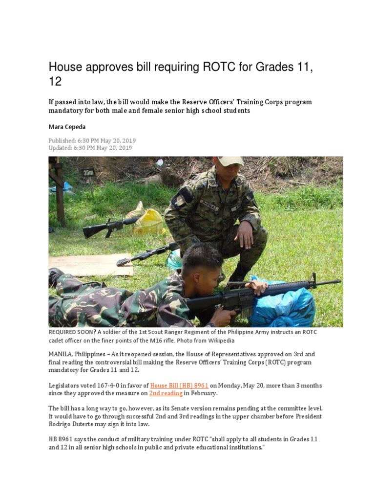 House Approves Bill Making ROTC Mandatory for Grades 11 and 12 in the ...