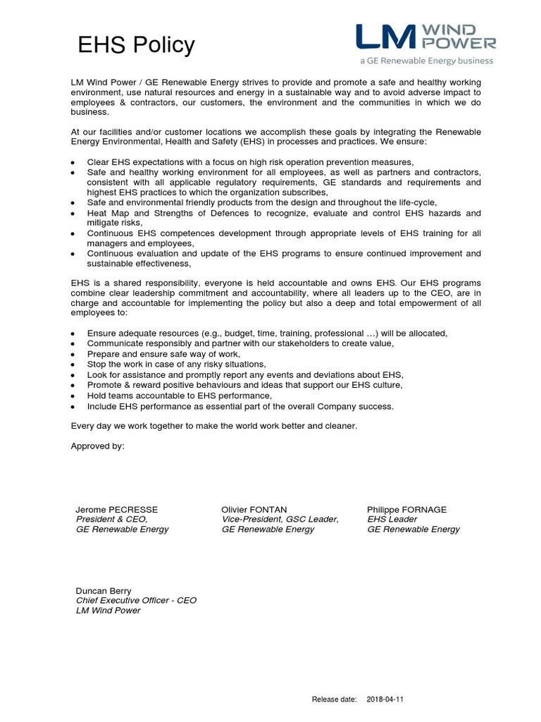 EHS Policy - LM Wind Power | PDF | Leadership | Sustainability