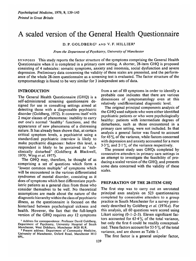 A Scaled Version of The General Health Questionnaire: D. P. Goldberg ...