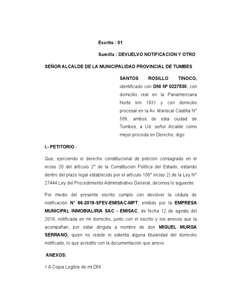 Devuelvo Cedula de Notificacion Municipal | PDF | Derecho